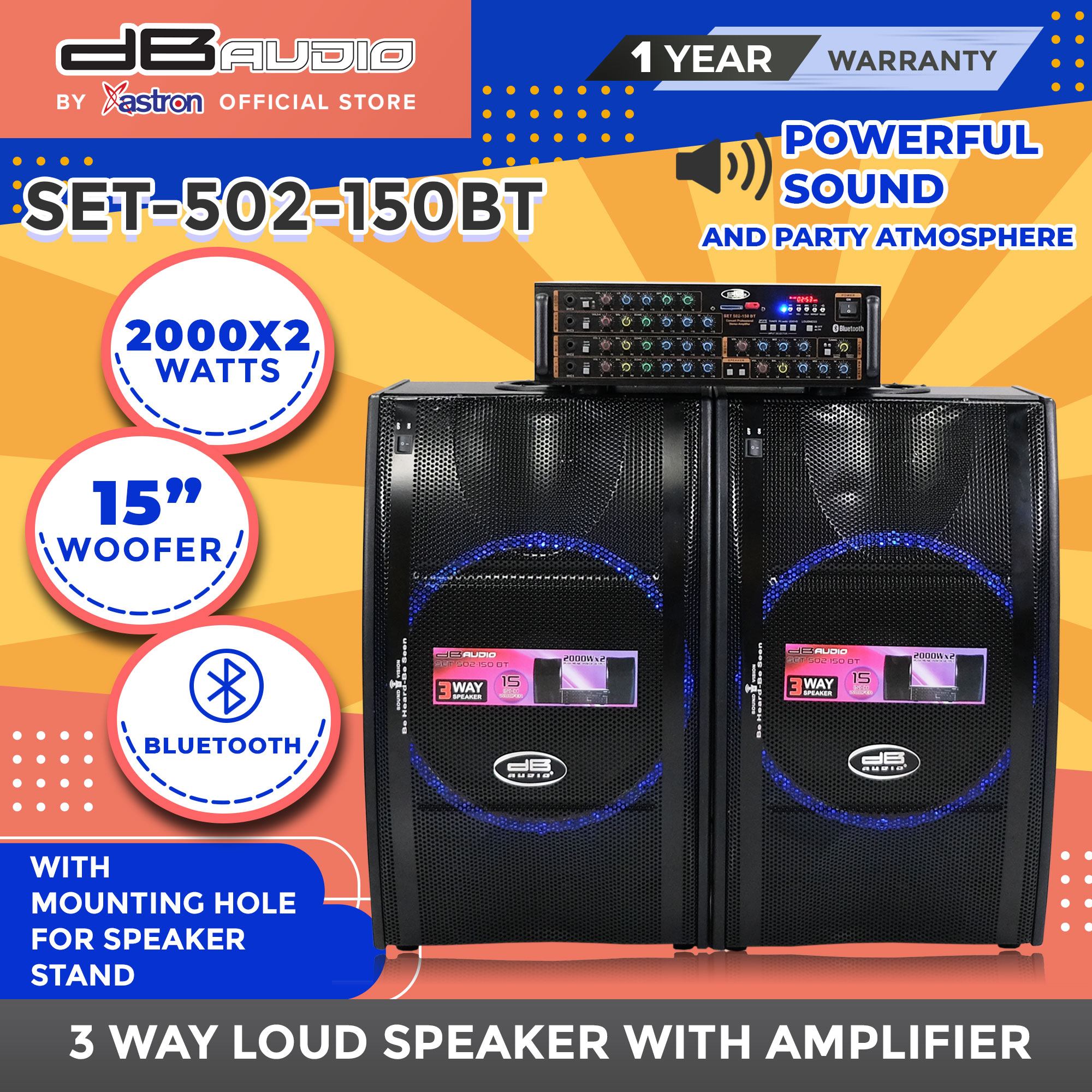 Local warranty DB Audio SET-502-150BT 3 way loud speaker with amplifier ...